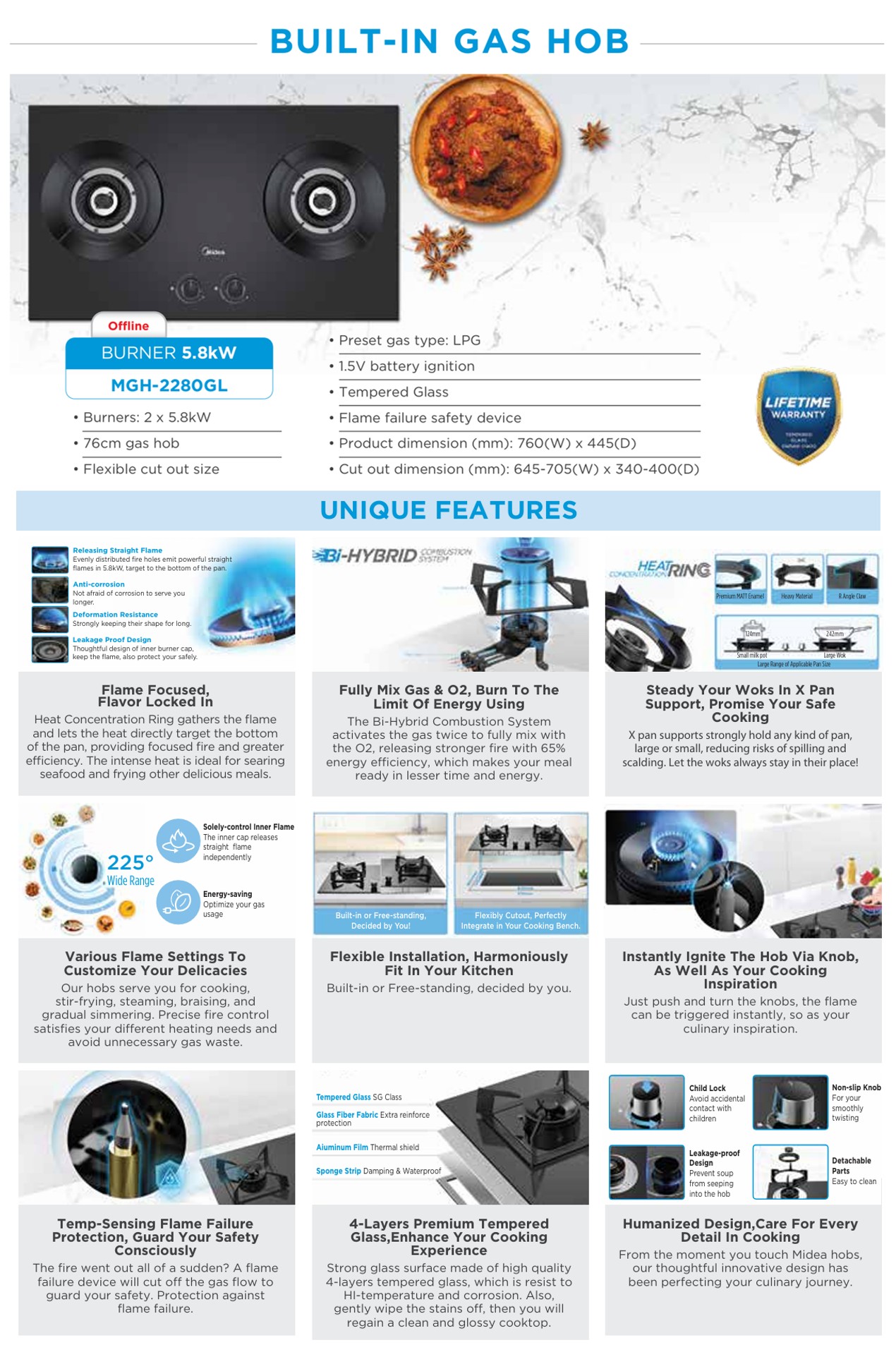 *FREE BATTERY* Midea MGH-2280GL Built-in Gas Hob with Safety Device 5 ...