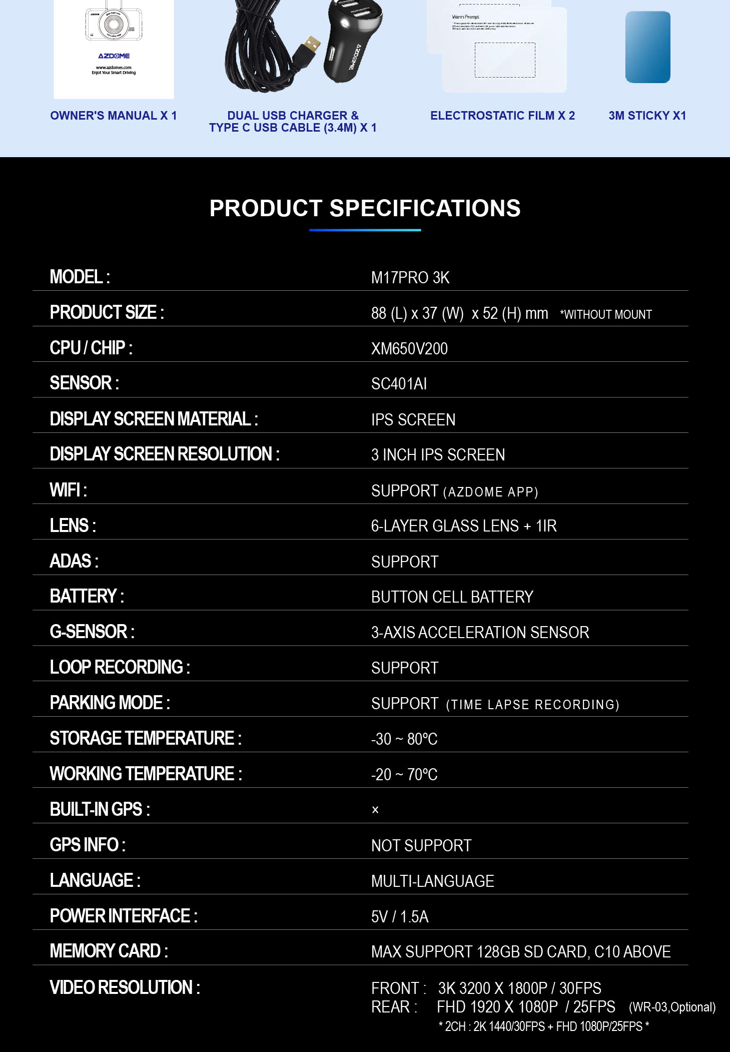 Azdome M17PRO 3K Quad HD+ Dual Channel Front & Rear Dash Cam Night ...