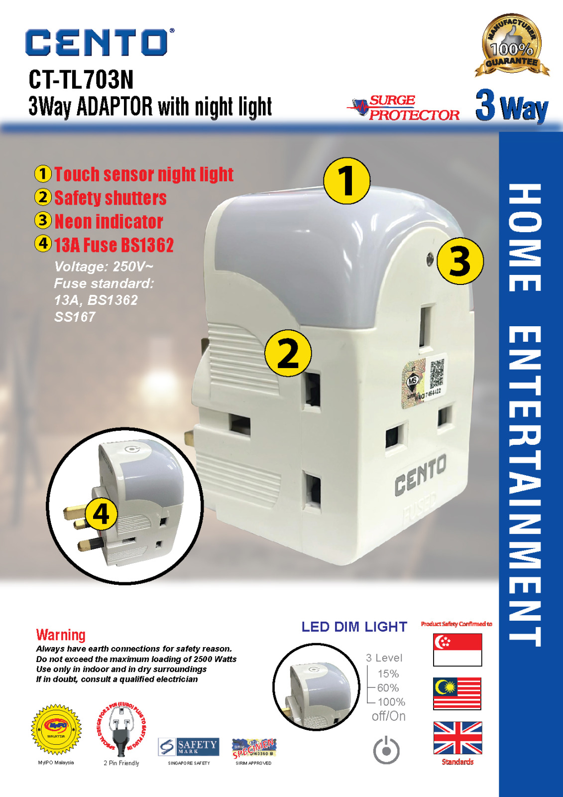 CENTO CT-TL703N 3 WAY HOME ENTERTAINMENT ADAPTOR WITH 3-LEVEL TOUCH ...