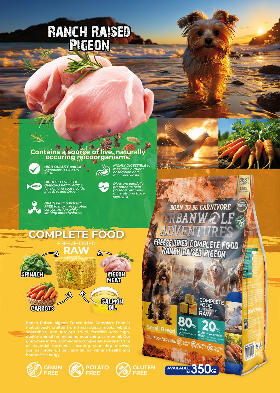 Urbanwolf Adventures Freeze Dried Raw Complete Food Ranch Raised Pigeon Small Breed Grain Free ...