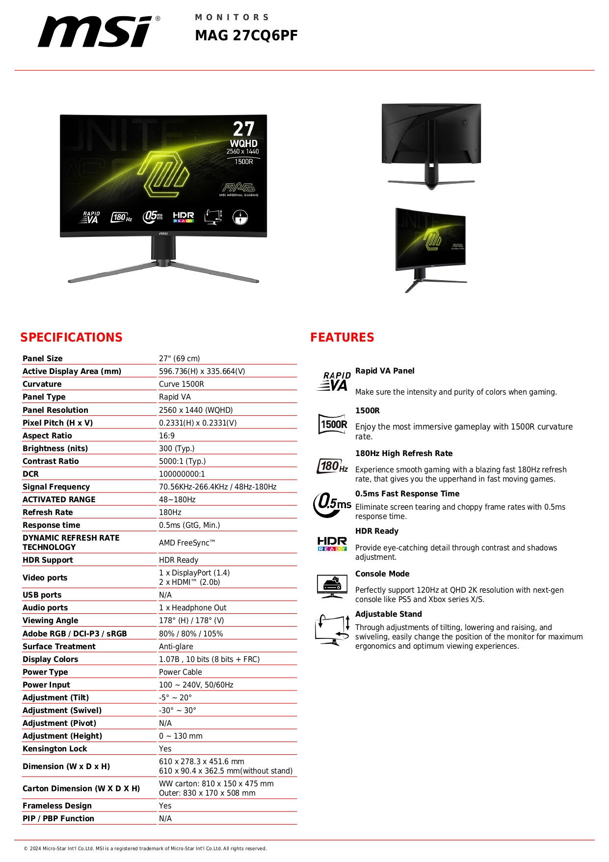 MSI MAG 27CQ6PF 27" CURVE MONITOR (27" WQHD / RAPID VA / 180Hz / 0.5Ms / AMD FreeSync / HD MI ...