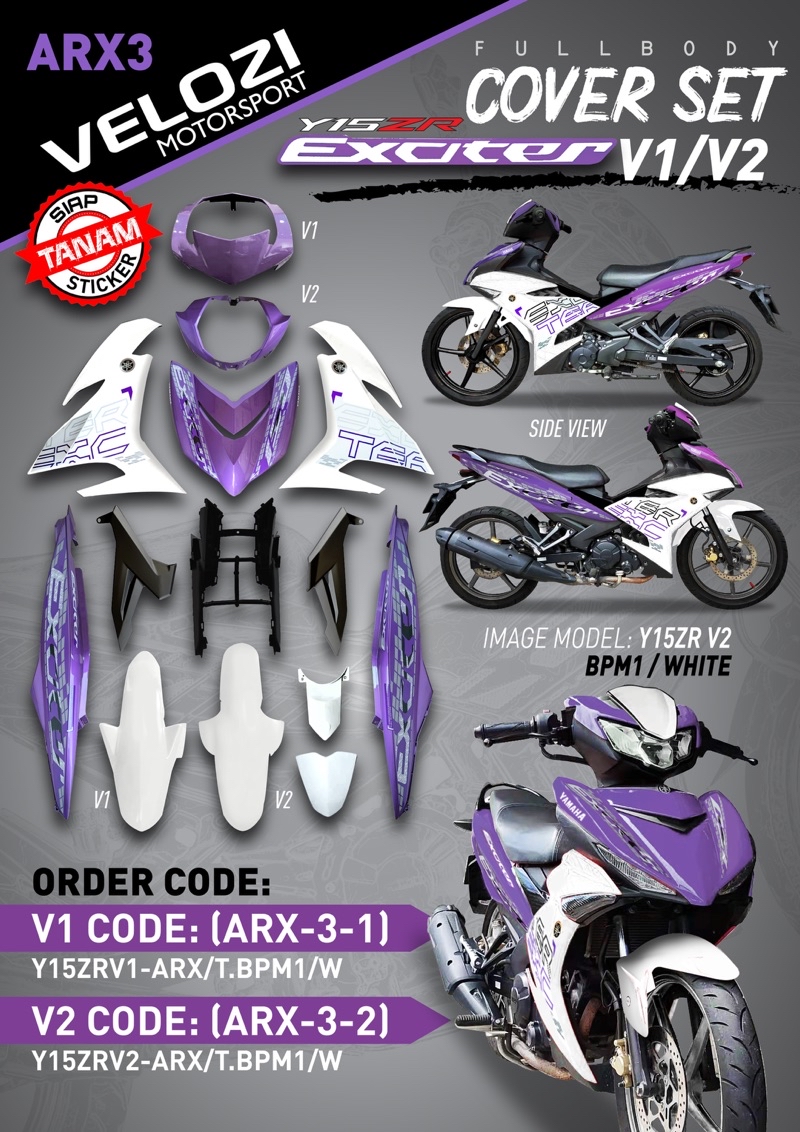 VELOZI RACING BODY COVERSET Y15ZR YAMAHA Y15 V1 V2 AEROX THAI BPM1 PURPLE WHITE ARX3 COLOUR ...