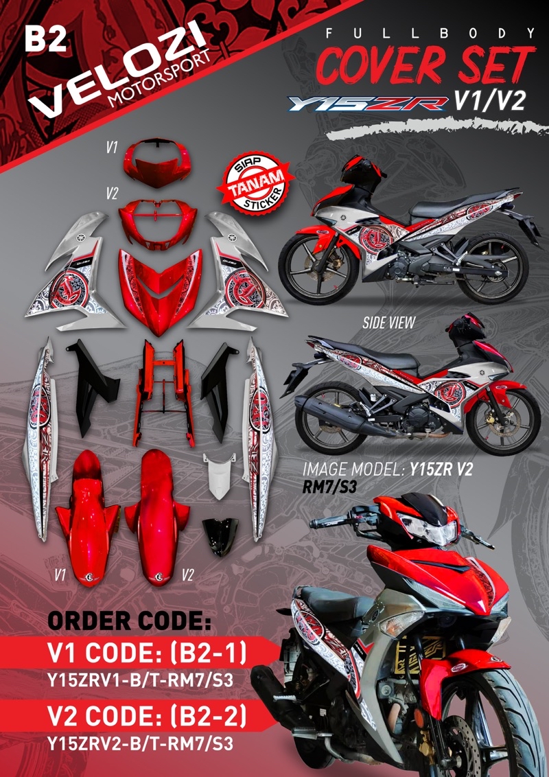 VELOZI RACING BODY COVERSET Y15ZR YAMAHA Y15 V1 V2 BATIK RED RM7 S3 B2 COLOUR PARTS COVER SET ...