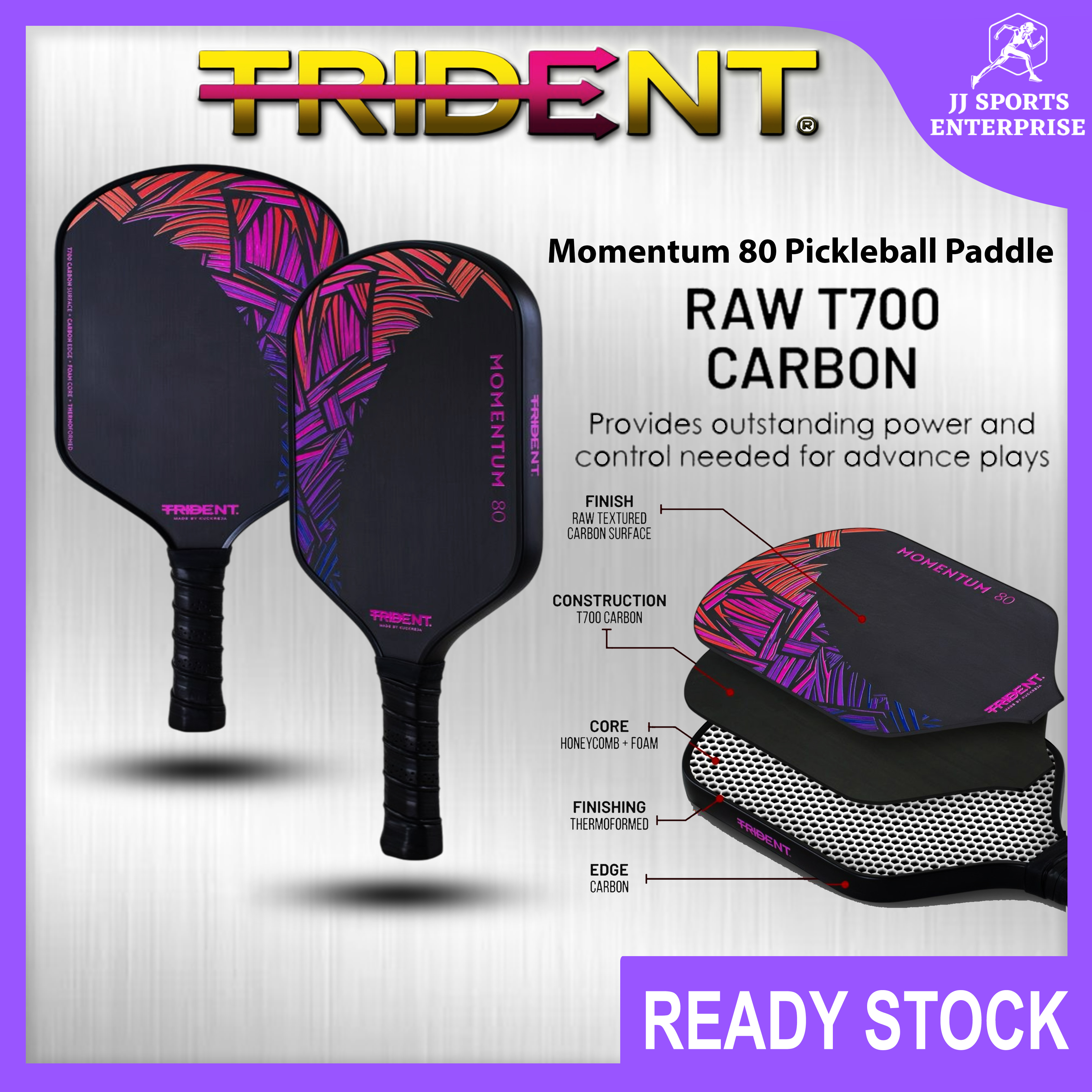 Trident Momentum 80 Pickleball Paddle (Twilight Purple) Professional Player T700 Carbon ...