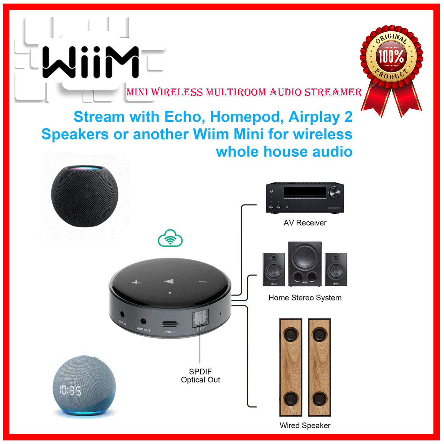 Wiim Mini AirPlay2 Wireless Hi-Res Music MultiRoom Audio Streamer Spotify Connect / Tidal ...