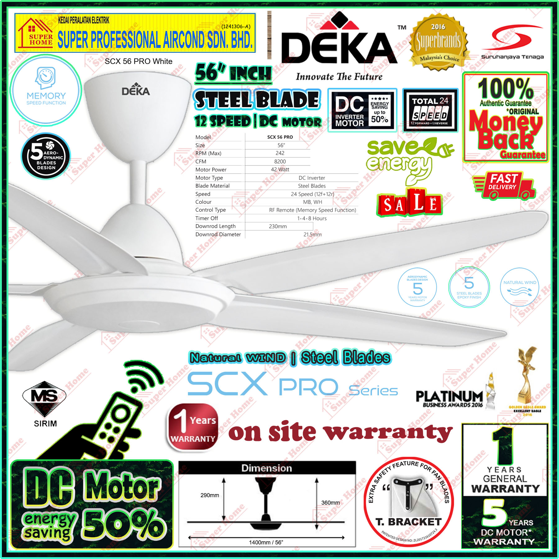 Deka Ceiling Fan SCX 56 PRO White ((Steel Metal Blades)) DC Motor 56 ...