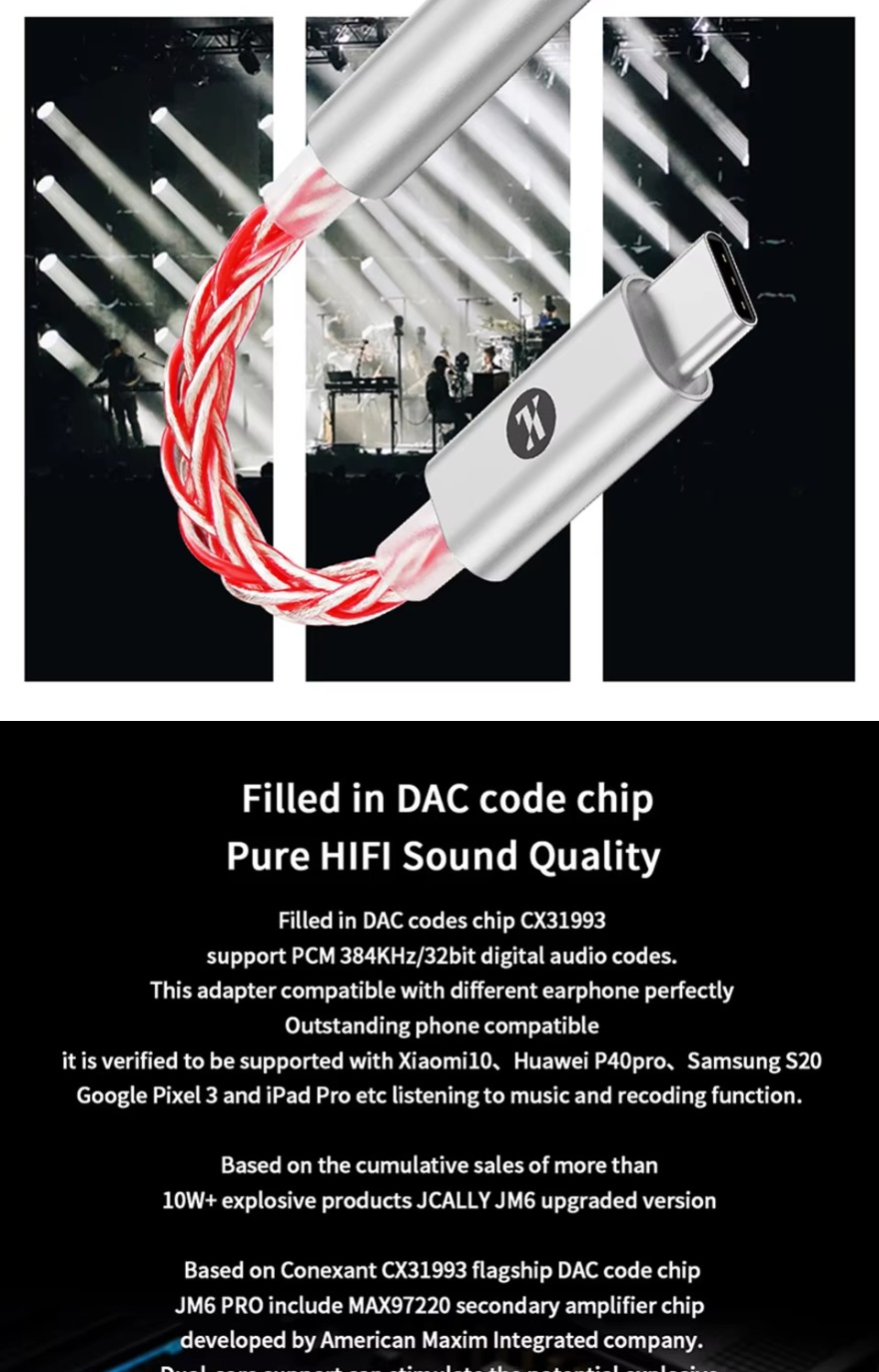 Jcally JM6 Pro, Dongle DAC and Amplifier: Type C/Lightning to 3.5mm, Dual CX31993/MAX97220 Chips ...
