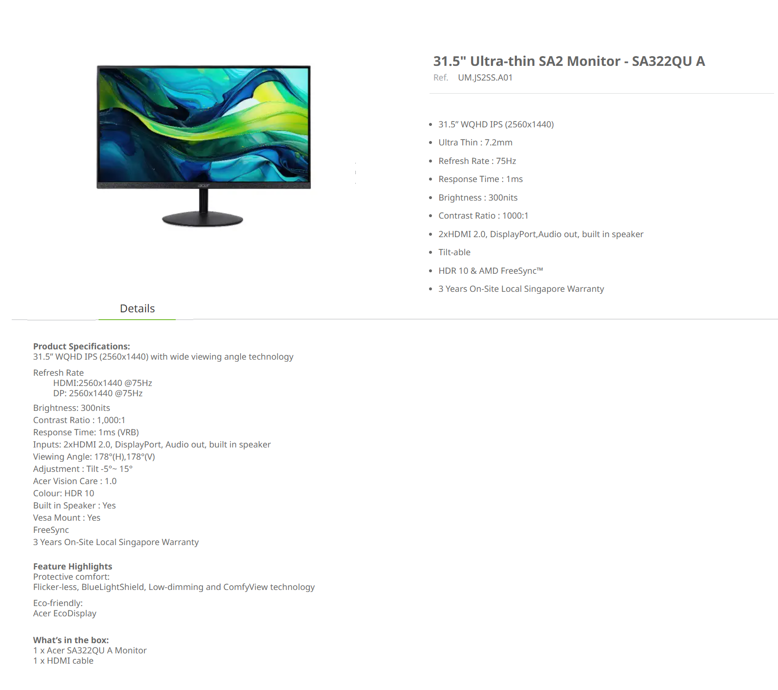 ACER 31.5" SA322QUA / SA322QU A LCD WQHD (2560x1440@75HZ) IPS PANEL LED ...