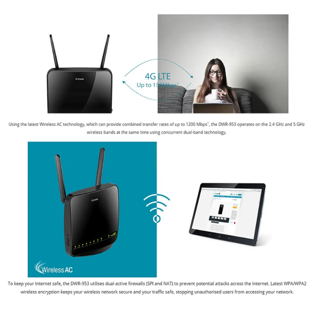 D-Link DWR-953 4G LTE Router | AC1200 Dual Band WiFi | 5 Gigabit Ports ...