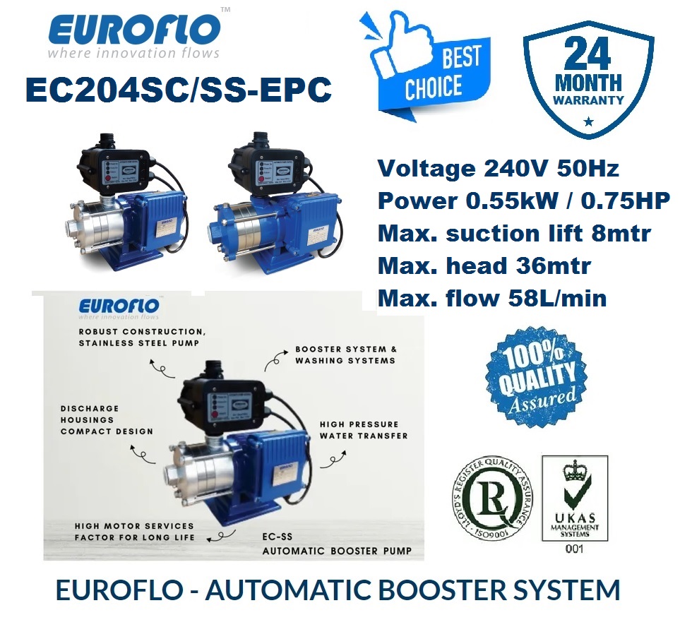 Euroflo EC204 (0.75Hp) Electronic Horizontal Multi-Stage Pressure Pump ...