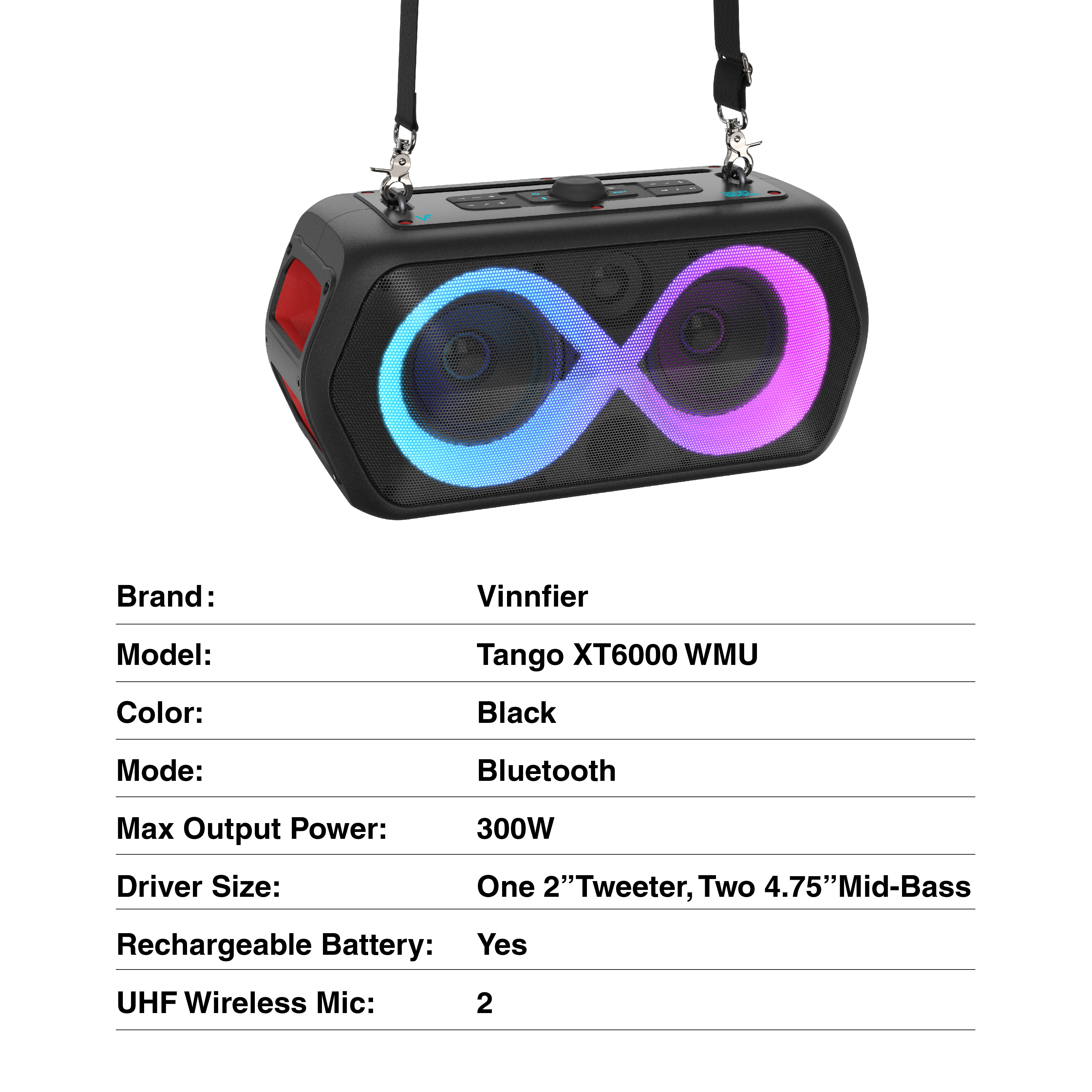Vinnfier VF Tango XT6000 Portable Karaoke bluetooth speaker 300W Party Light Effects 2 UHF ...