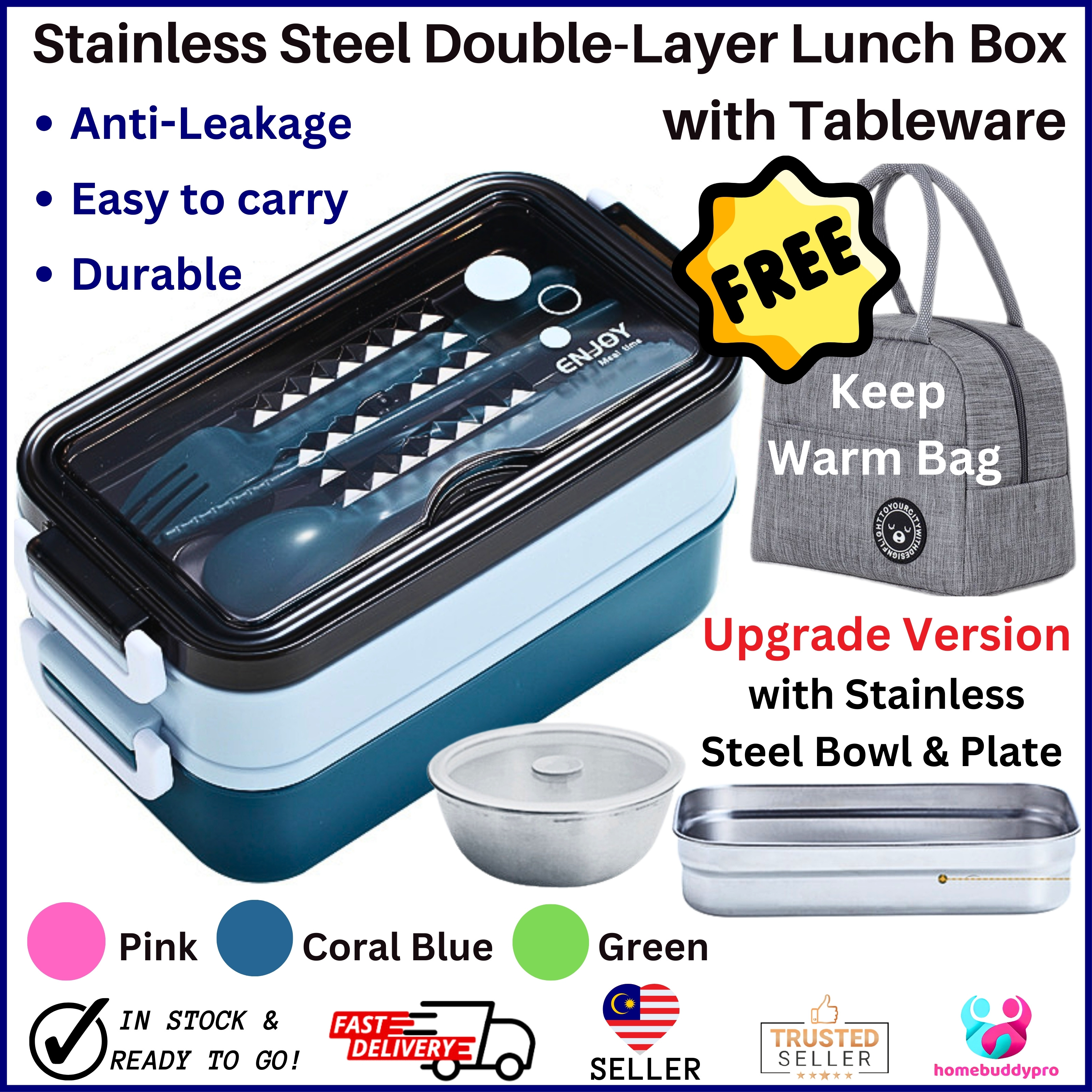 Double Layer Lunch Box Stainless Steel Microwave Safe Bento Lunch Box ...