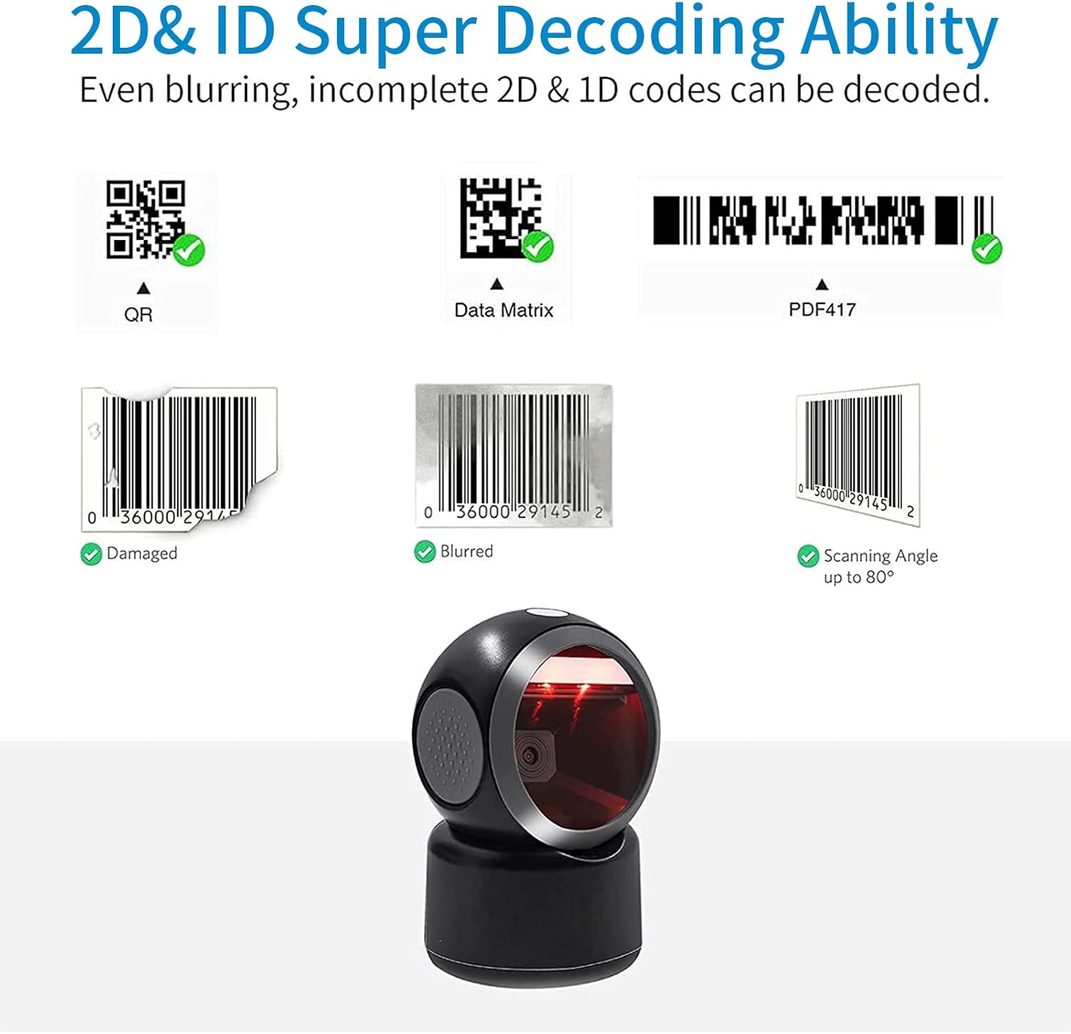 Barcode Scanner 2D 1D LED Desktop Scanner QR Code Scanner Adjustable ...