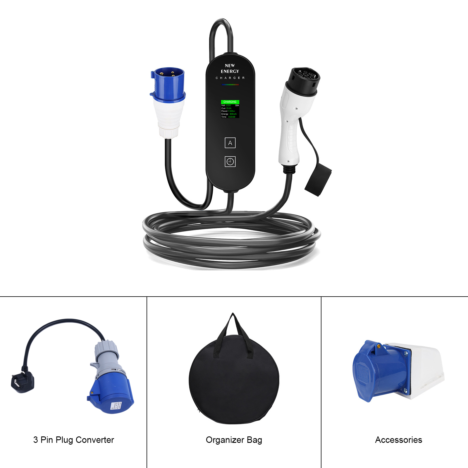 CEE Portable EV Charger Type 2 UK 3 Pin Converter Mobile connector ...