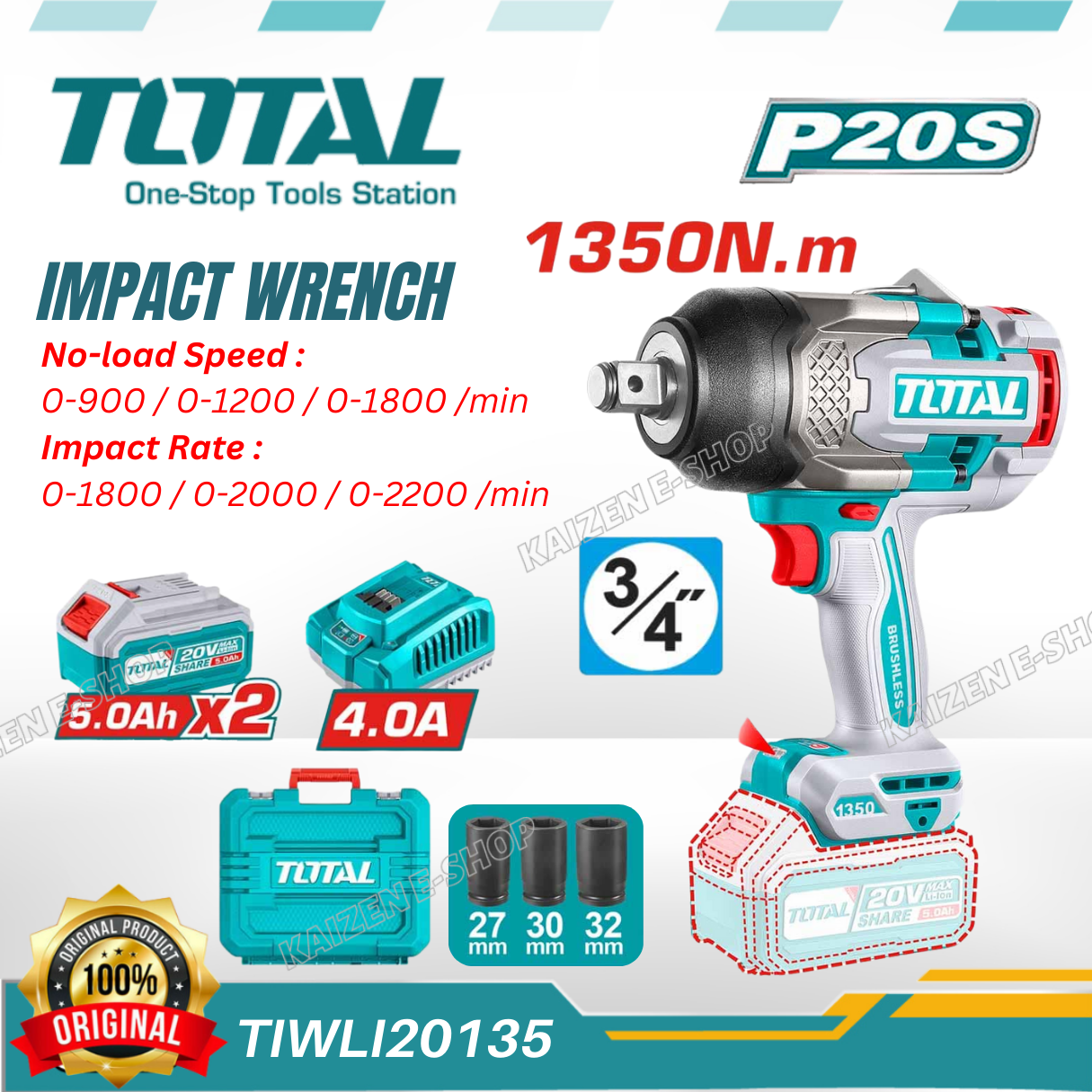 TOTAL 20V Li-ion Brushless Motor Cordless Impact Wrench 400-1350NM ...