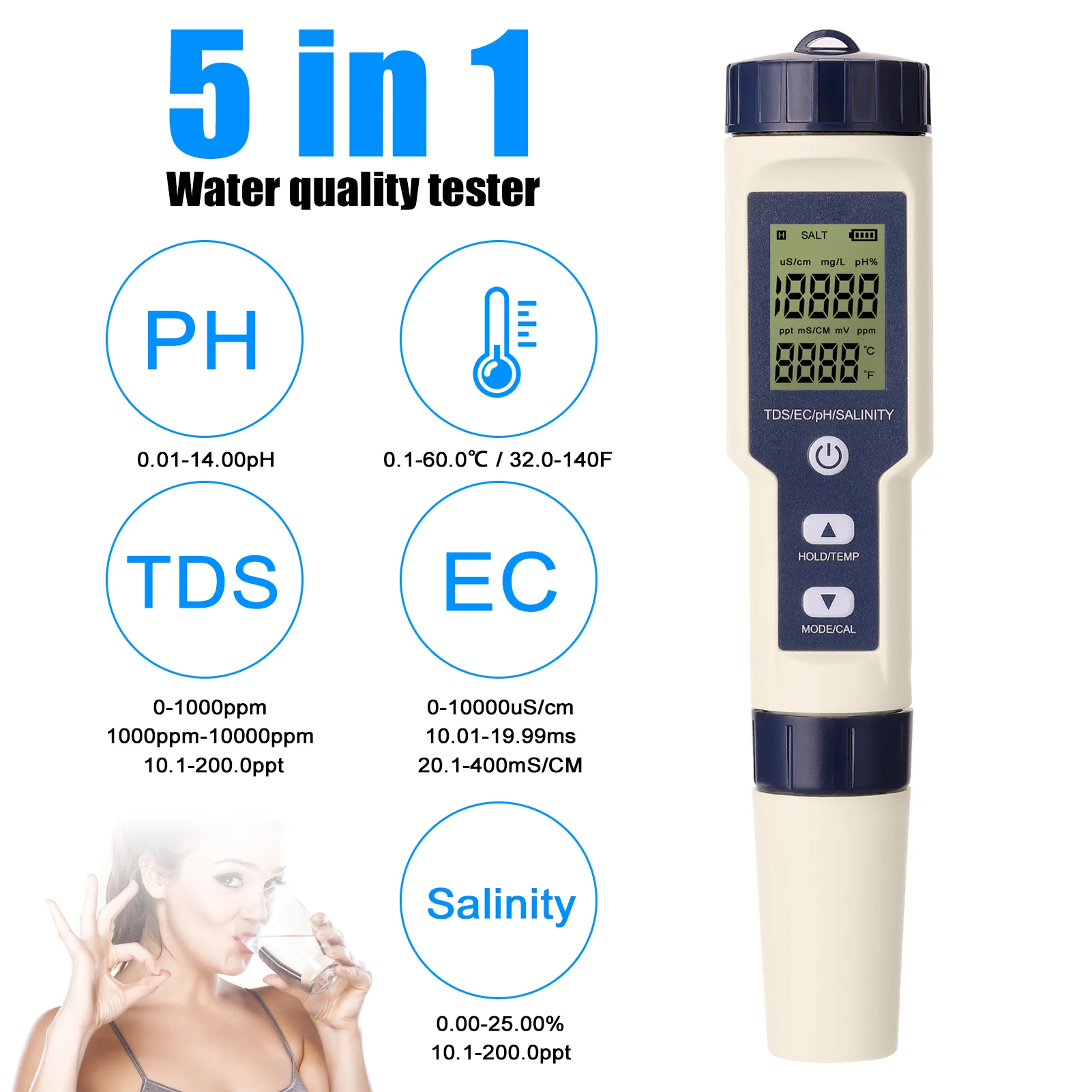 🔥 5 in 1 TDS/EC/PH/Salinity/ORP/S.G PH Tester Temperature Meter Digital ...