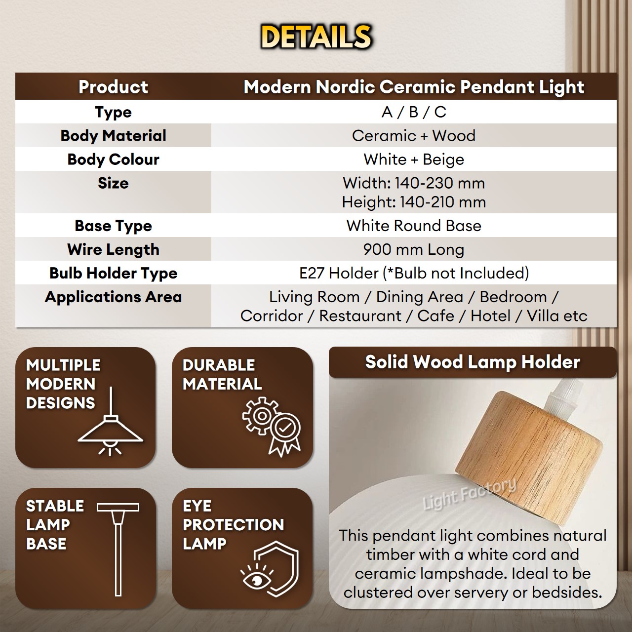 Nordic Minimalist Pendant Light Japandi Style Ceramic+Wood Beige Muji Pendant Lamp E27 Holder ...