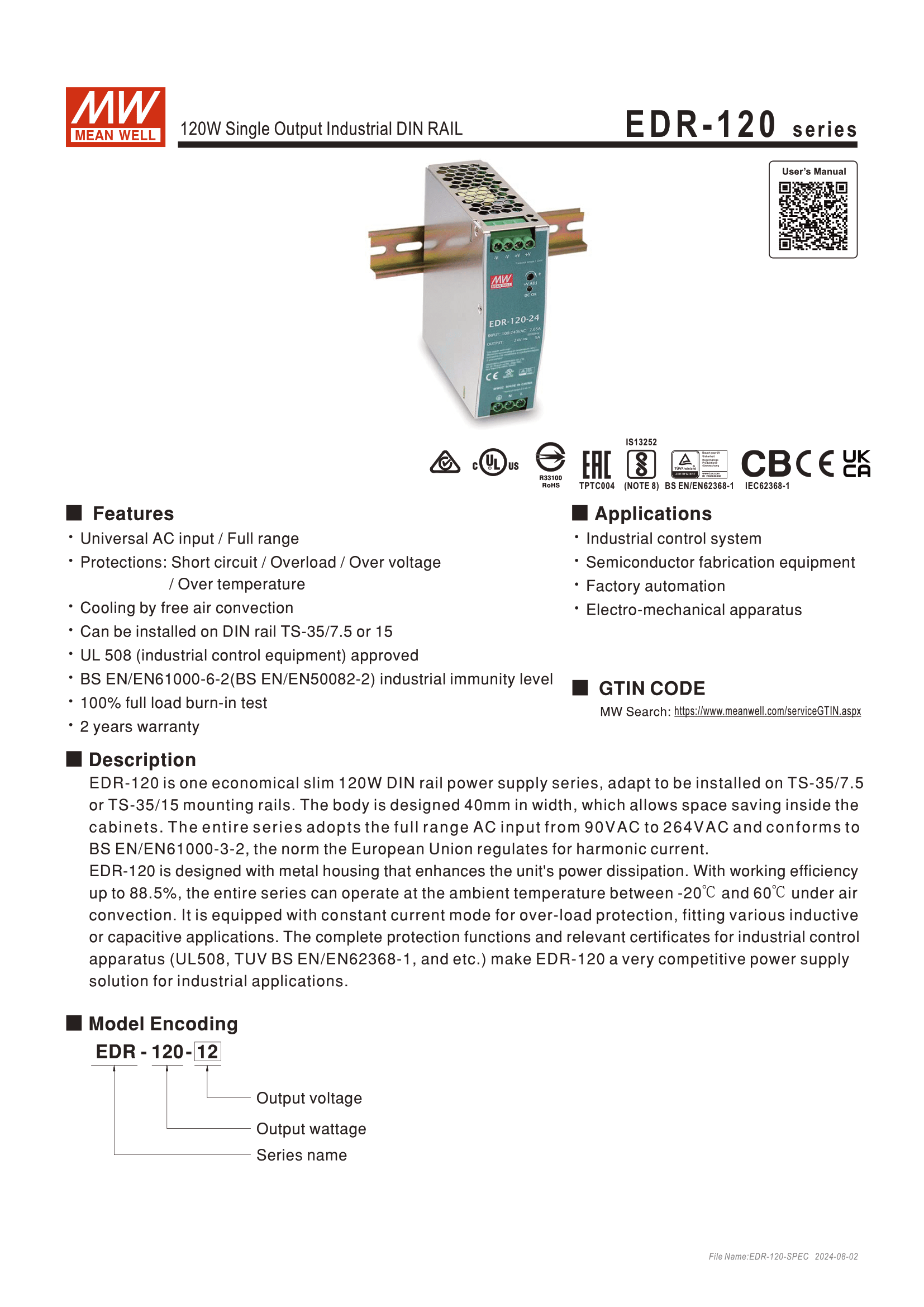 Mean Well EDR-120-24 120W 24V 5A MeanWell Single Output Industrial DIN RAIL Power Supply ~ 2 ...