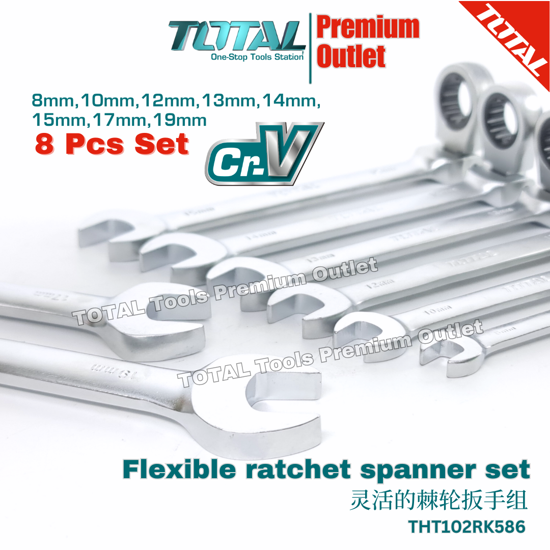 TOTAL Tools Cr-V 8pcs Flexible ratchet spanner set Size 8mm~19mm 灵活的棘轮扳手组 - THT102RK586 | Shopee ...