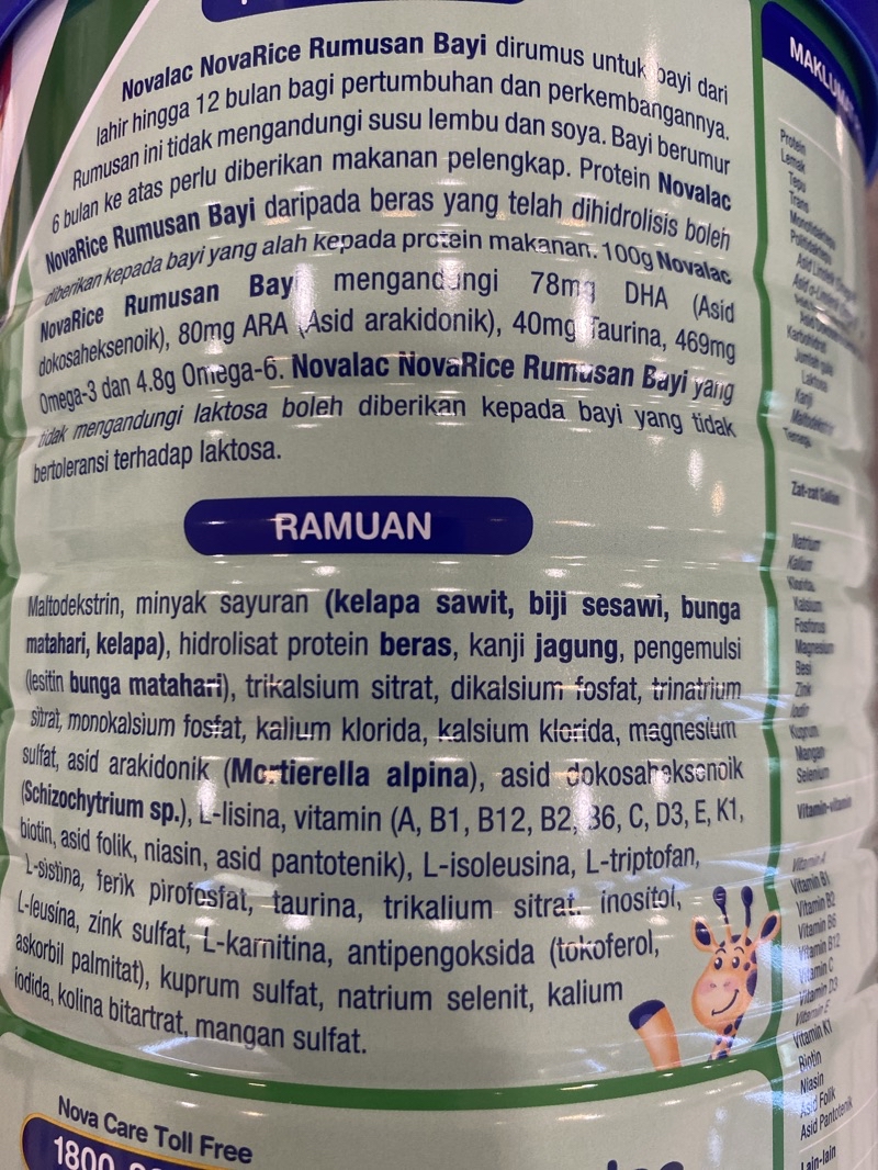 Novalac Novarice 800g Berasaskan Protein Beras Dihidrolisis | Shopee ...