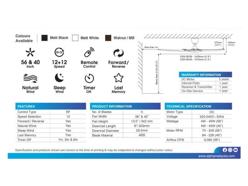 Alpha Cosa EX9 DC Motor Ceiling Fan (5 Blades) 56" / 46" / 40" | Shopee ...