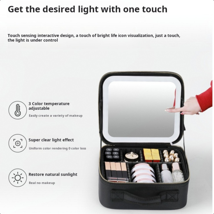 Makeup Bag with LED Mirror Travel Cosmetic Box 3 Color Light Portable ...