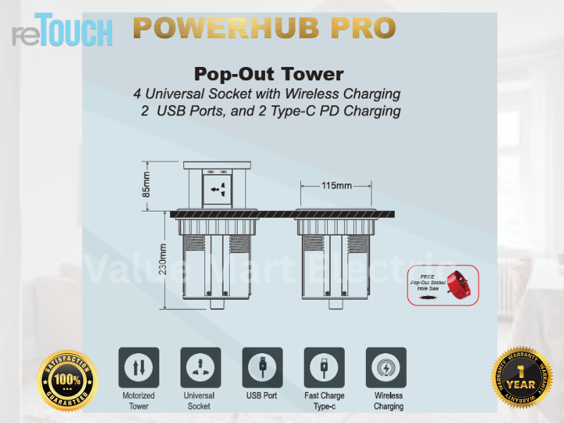 reTouch Powerhub PRO Automatic Pop up / Pop Out socket with Wireless ...