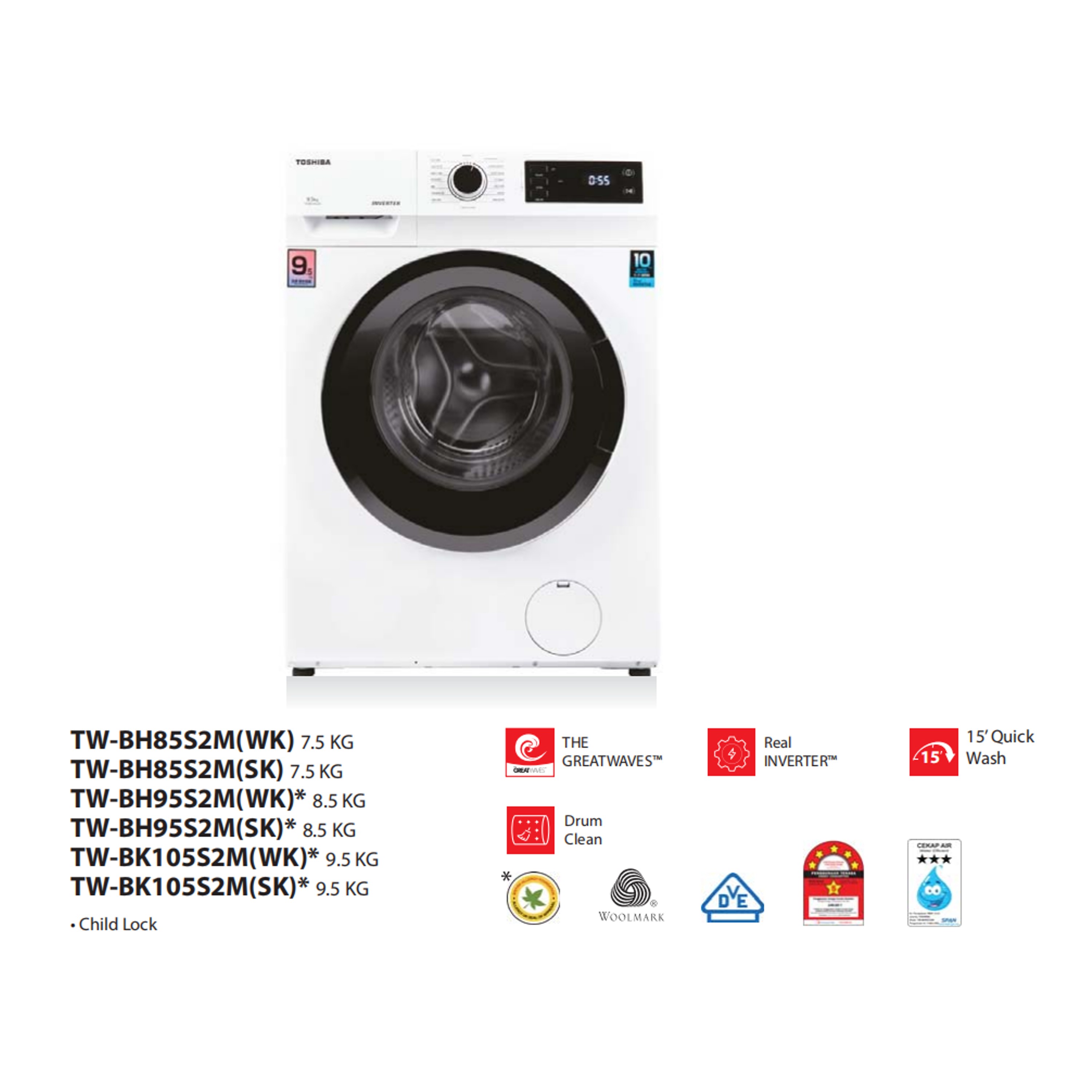 Toshiba Combo (7.5kg / 8.5kg / 9.5kg) Front Loading Washer and 7KG Dryer Package Bundle TD ...