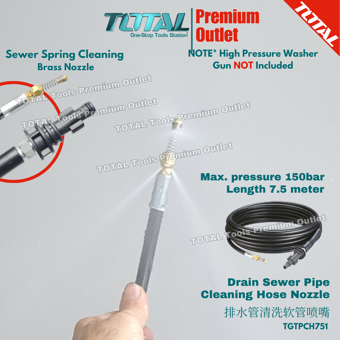 TOTAL Tools 7.5M Drain Sewer Pipe Cleaning Hose Nozzle for TOTAL Tools ...