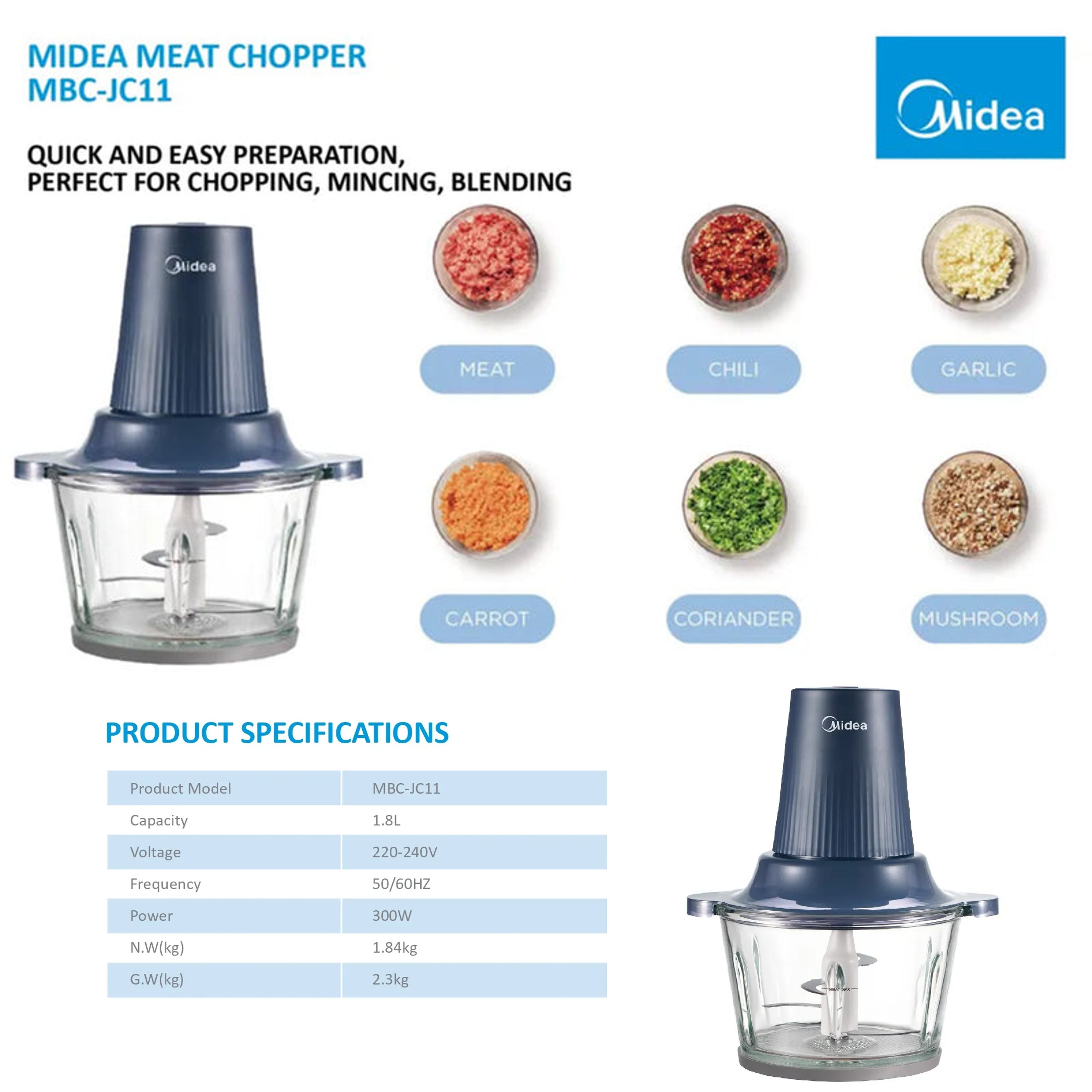 [NEW MODEL 1.8L] Midea 0.6L / 1.8L Food Chopper MBC-06PK MBC-JC11 ...