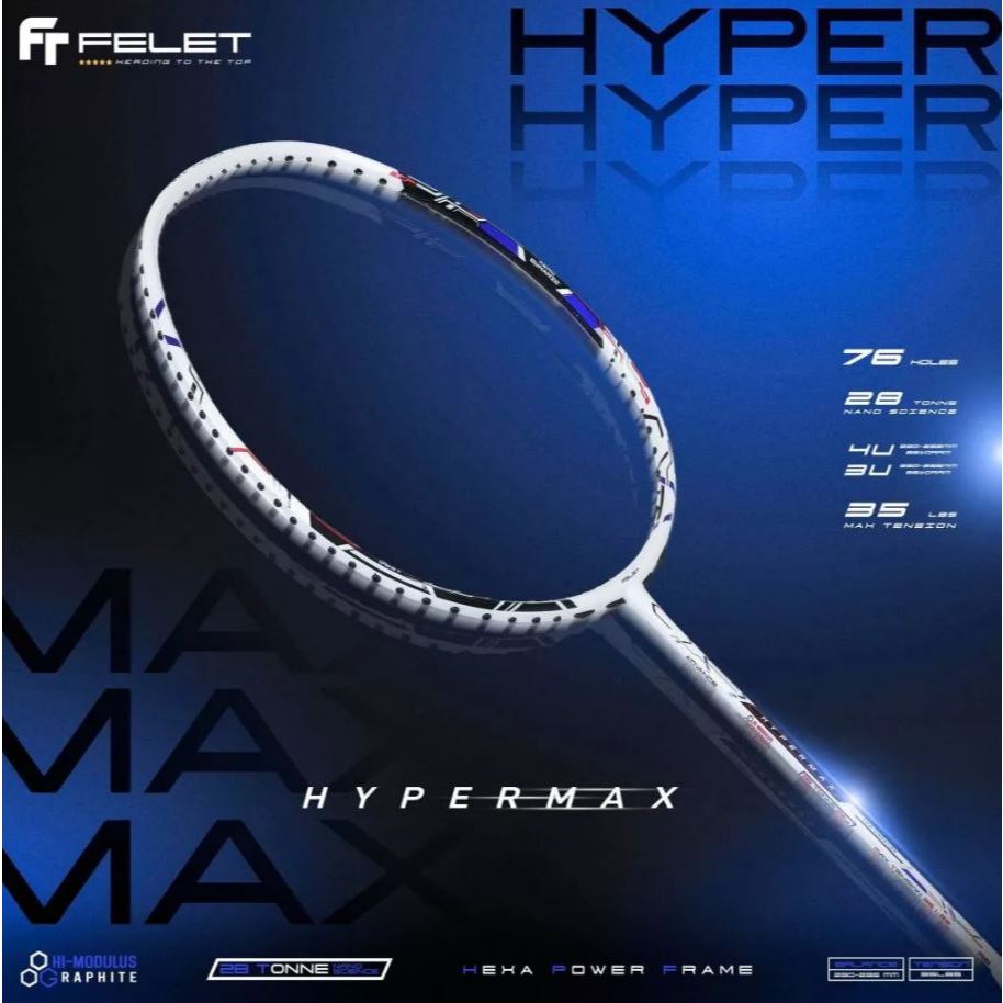 FELET Hypermax Raket Badminton Original Black / Blue / White Pakej Tali ...