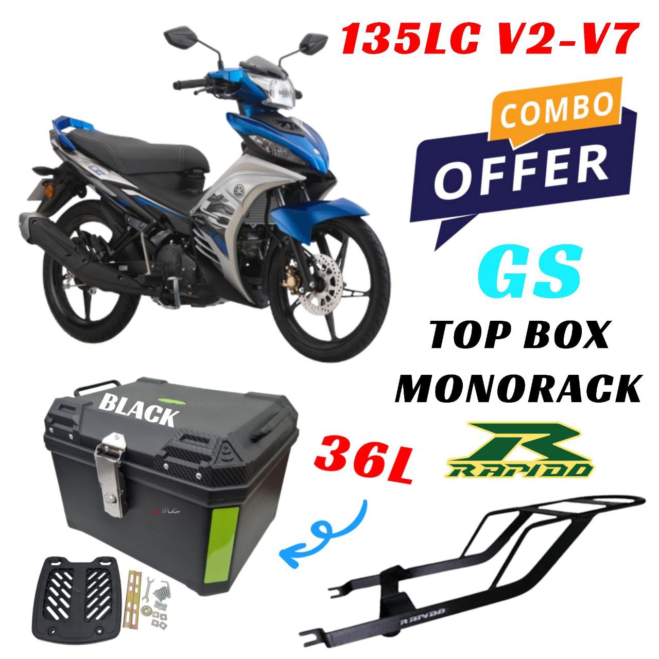 (YAMAHA 135LC V2-V7) GS 36L BLACK BOX+RAPIDO MONORACK VRACK Motorcycle ...