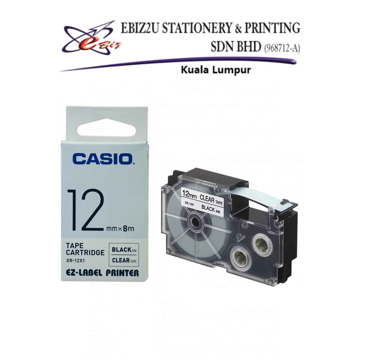 Casio EZ Label Printer 12mm Tape Cartridge XR-12X1 BLACK on CLEAR ...