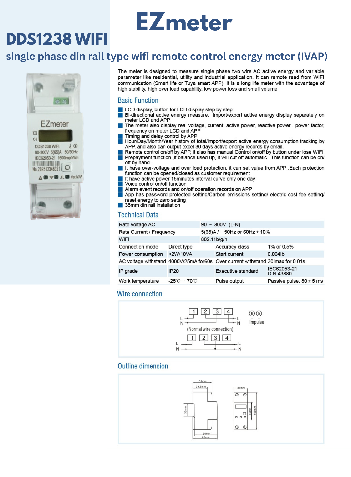 EZmeter DDS1238 WIFI SMART METER SINGLE PHASE ELECTRONIC DIN-RAIL ACTIVE ENERGY METER 5(65)A ...