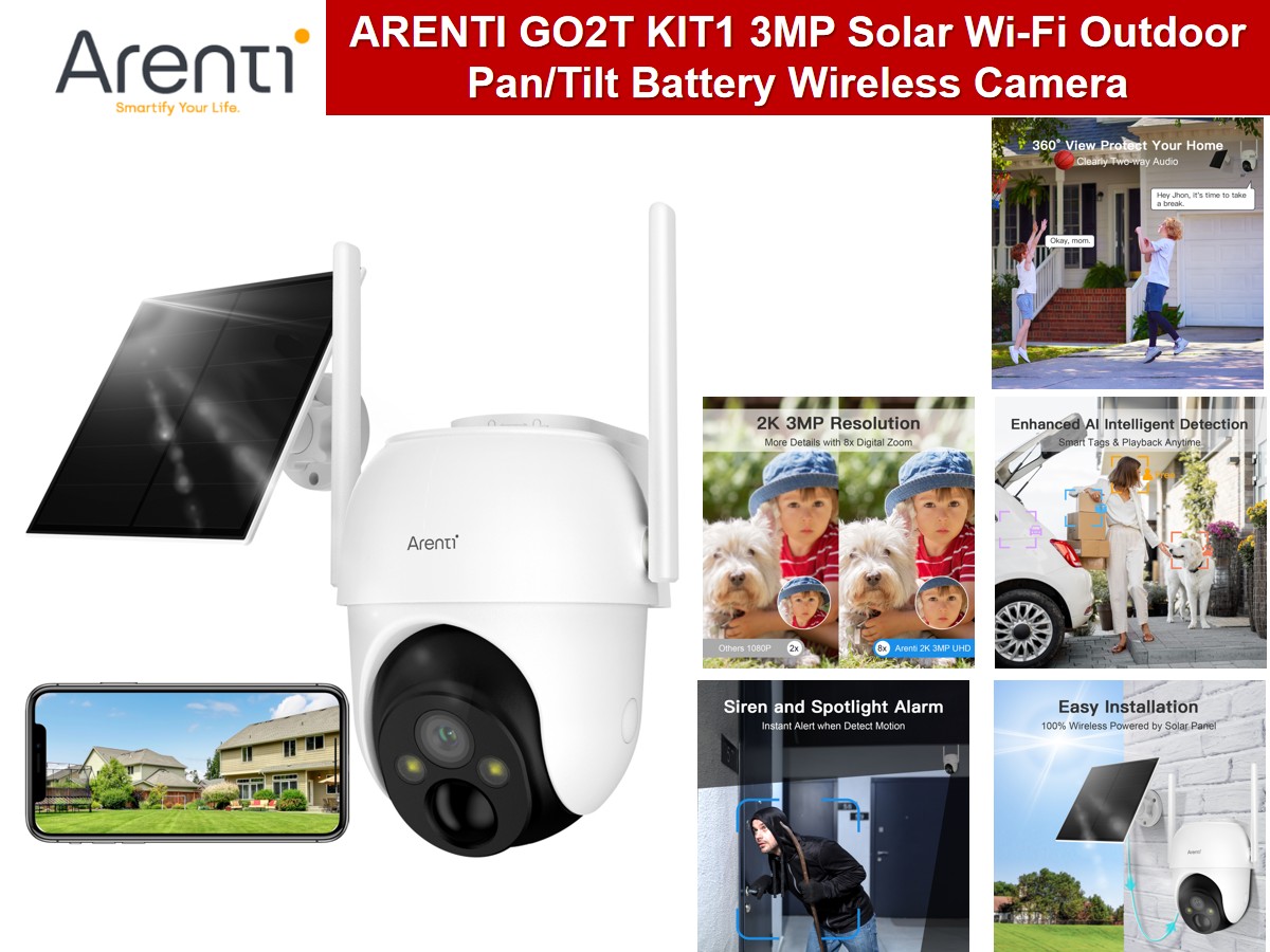 ARENTI GO2T KIT1 3MP Solar Wi-Fi Outdoor Pan/Tilt Battery Wireless ...