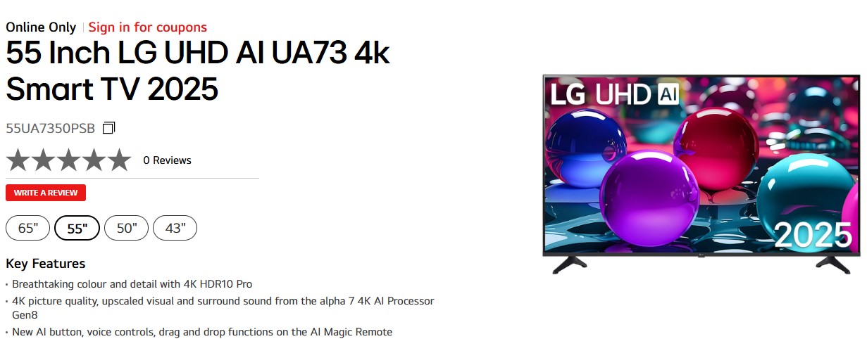 LG 55" / 50" 4K UHD AI Smart LED TV with Magic Remote 55UA7350PSB (2025 ...