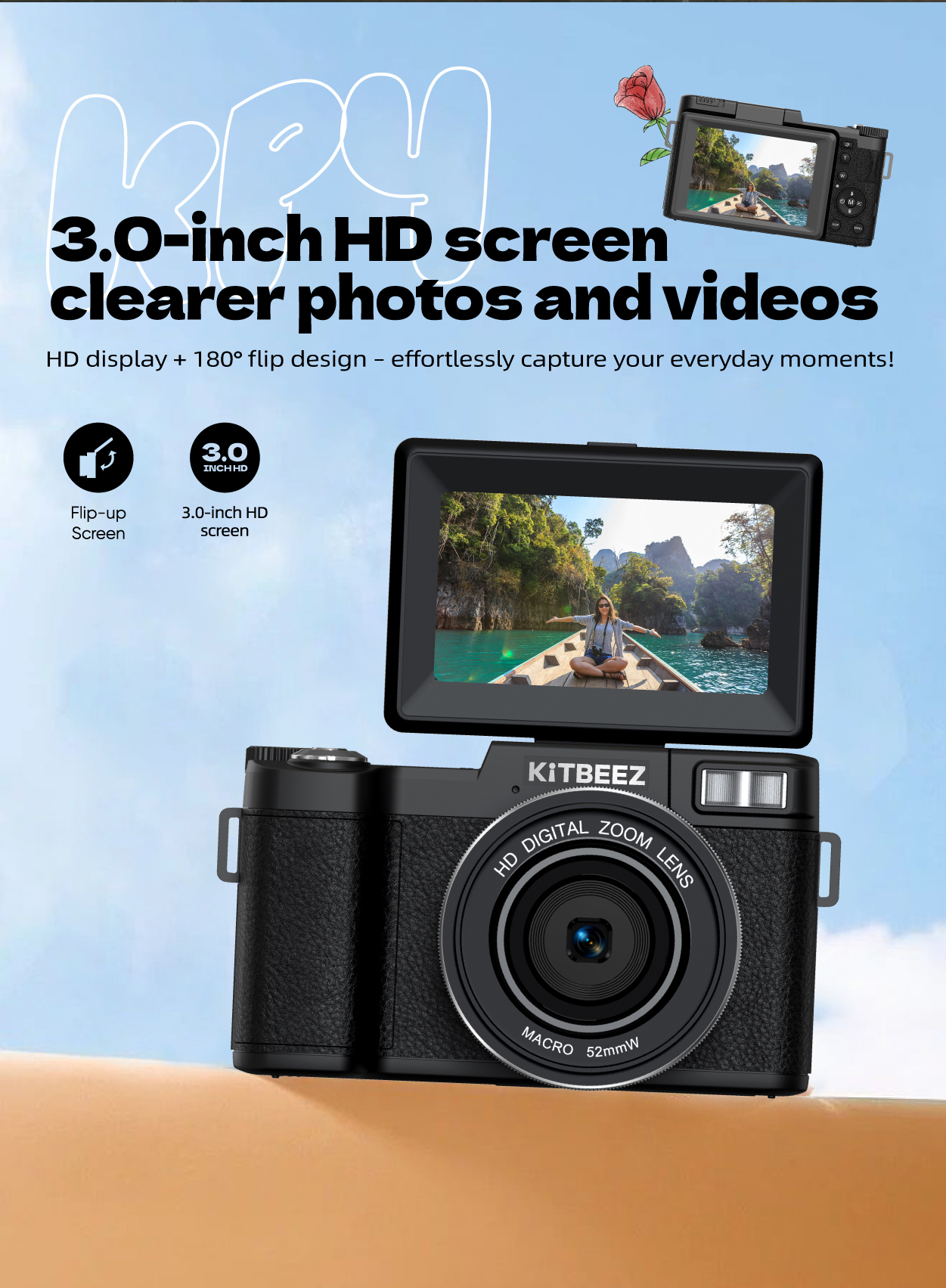 KITBEEZ🔥 Kamera CCD 75MP 5K 180° Flip Screen Selfie WIFI Digital Camera ...