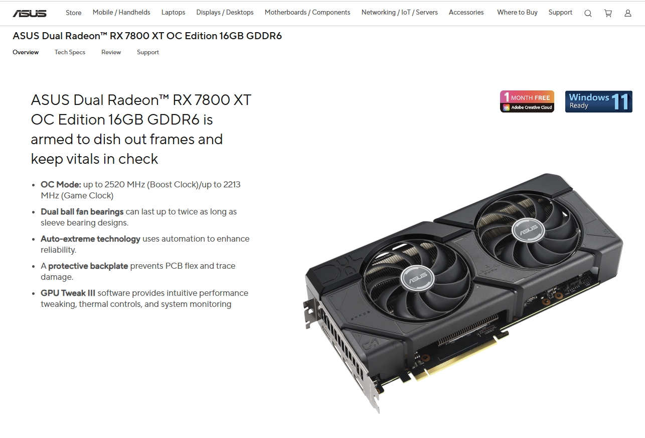 ASUS AMD DUAL RADEON RX 7800 XT OC EDITION 16GB GDDR6 256BIT GRAPHICS ...