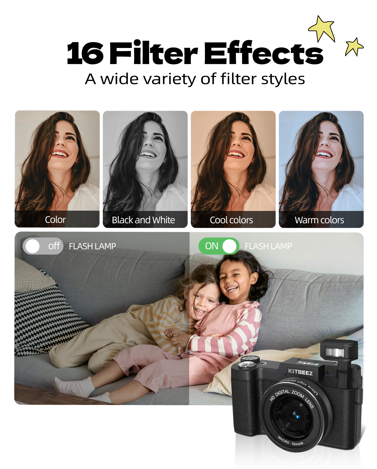 KiTBEEZ💡 75MP WiFi Digital Camera 180° Flip Screen 18X Zoom Selfile ...