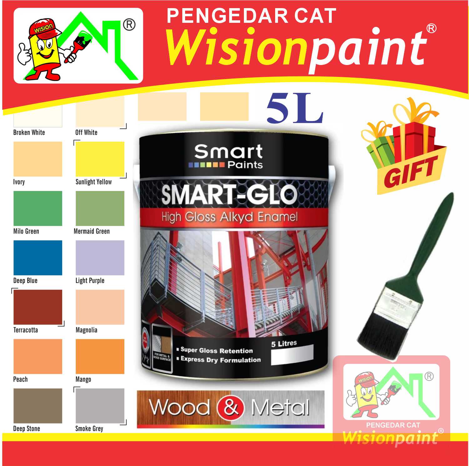 5L ( 5LITER ) Smart Glo High Gloss Paint 5L # wood & metal # cat minyak ...