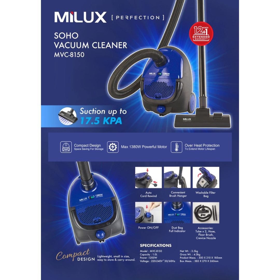 Milux Vacuum Cleaner (1200W) MVC-8150 / (1400W) MVC-8200 / Butterfly ...