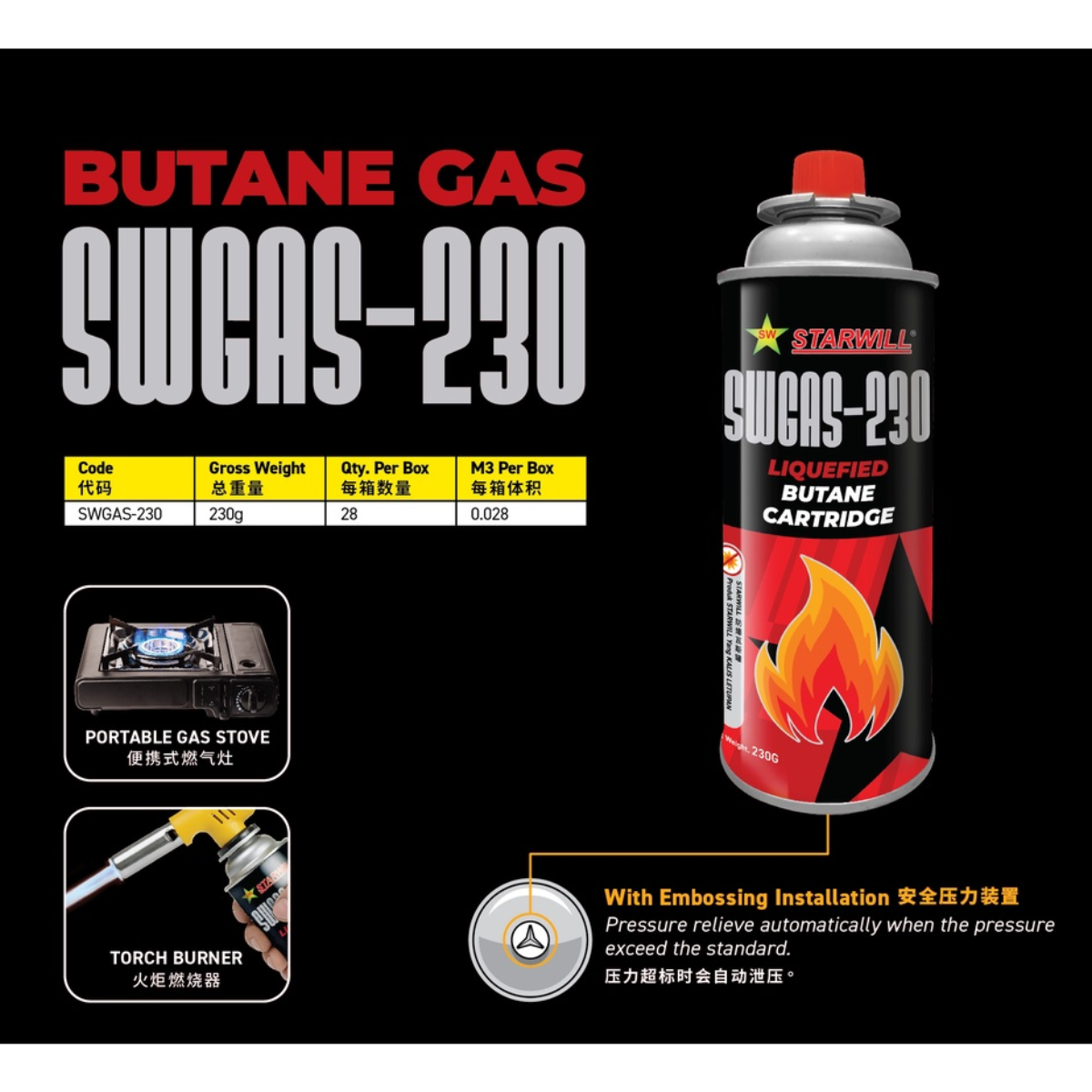 [28 Cans/1 Carton] STARWILL SWGAS-230 Liquefied Butane Cartridge ...