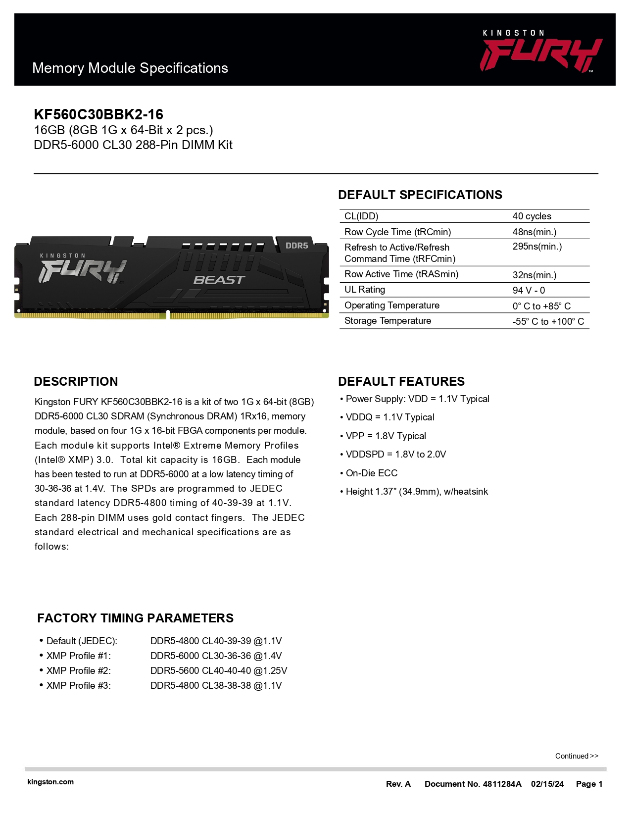 Kingston Fury Beast Black DDR5 6000MT/s CL30 DIMM Desktop Gaming Memory Kit of 2 Intel XMP ...