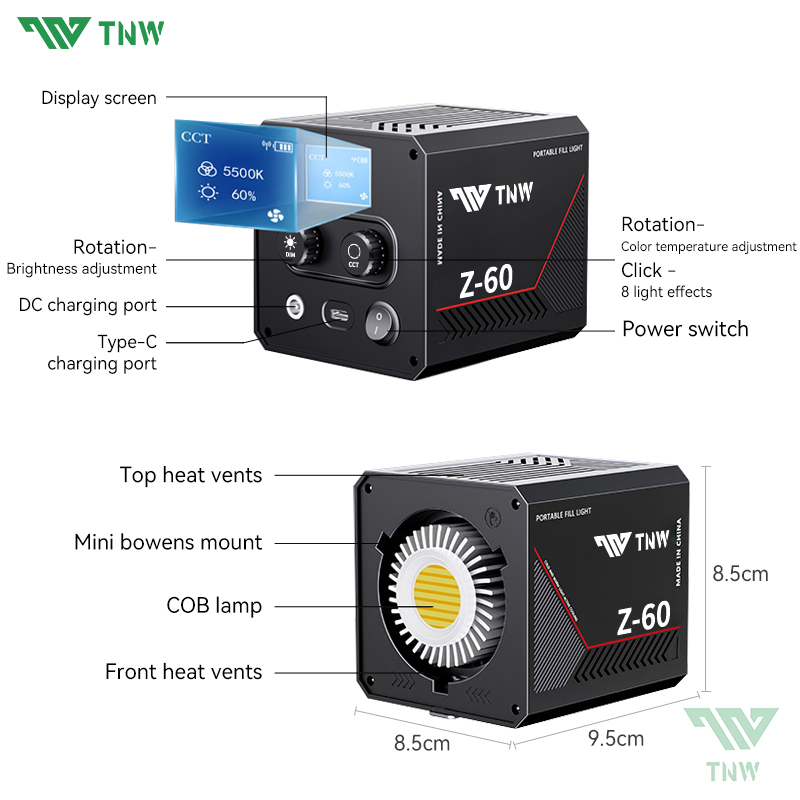 TNW Z60 60W COB LED Video Light 2500K-7500K Outdoor Studio Light with ...