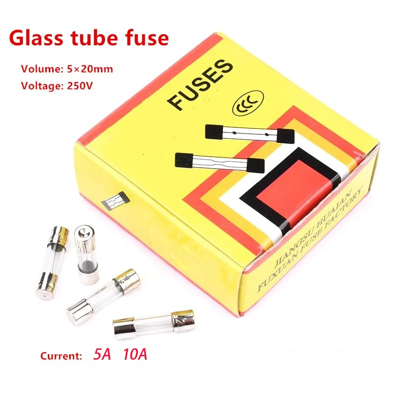 100 Pcs 5 x 20MM Glass Fuse 250V 5A/10A Glass Tube Fuse Fius Kaca ...