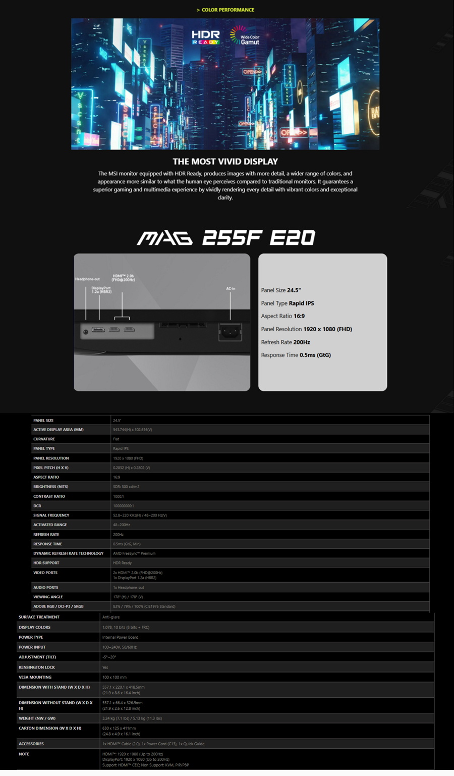 MSI MAG 255F E20 25" RAPID IPS PANEL GAMING MONITOR 0.5ms GTG /200HZ ...