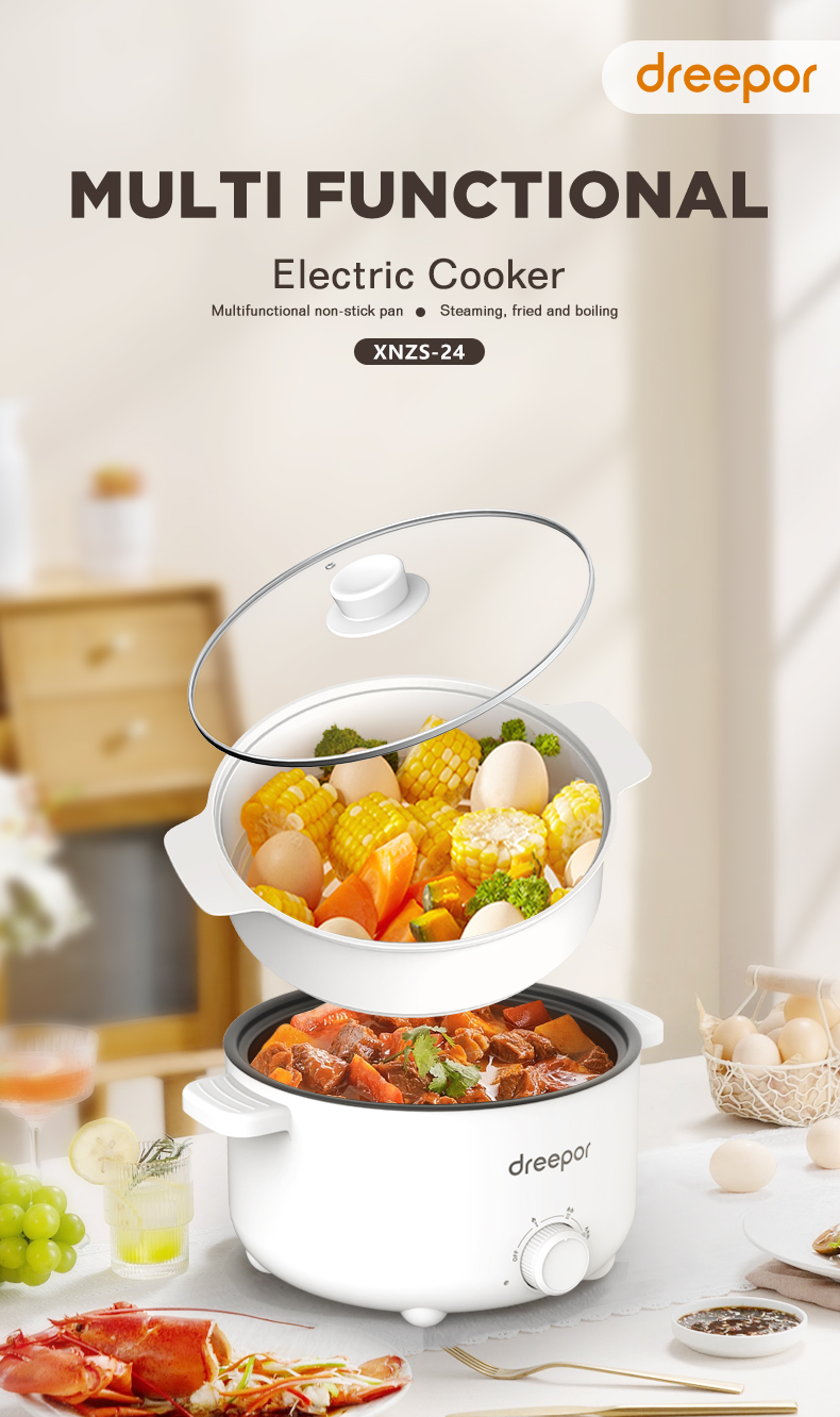 Dreepor 3L Electric Cooker 4 Gears Non-Stick Multi Rice Cooker with Steamer Fry Finse Hot Pot ...
