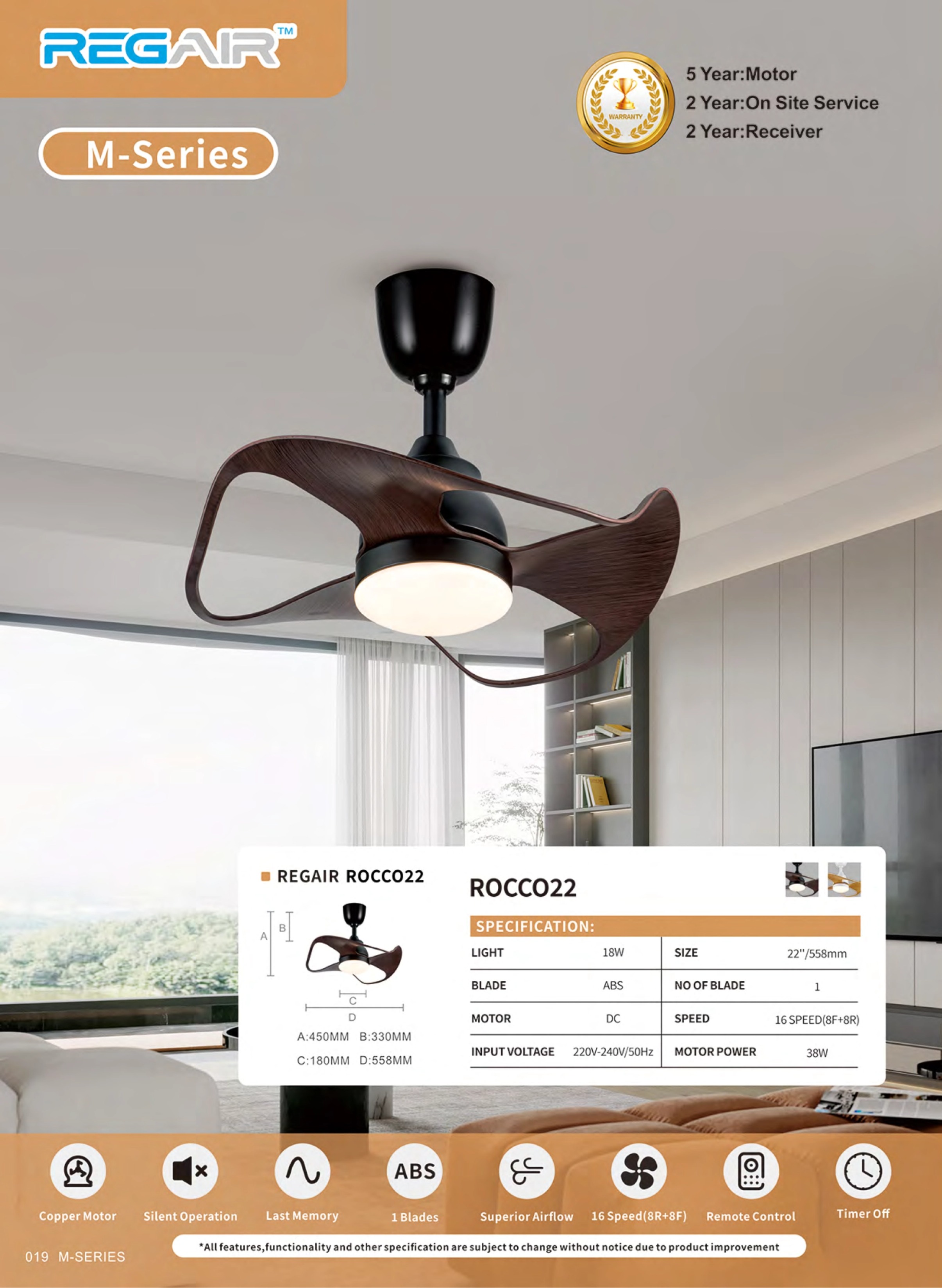 REGAIR ROCCO 22 DC Silent Ceiling Fan with Light Remote Control 16Speed ...