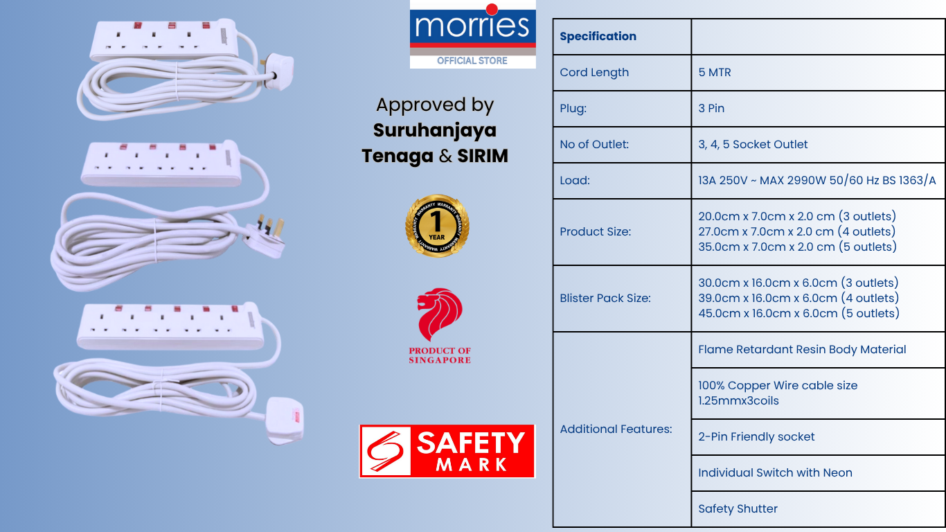 Morries extension plug socket 5M 3,4,5 Gang way surge protector Suis ...