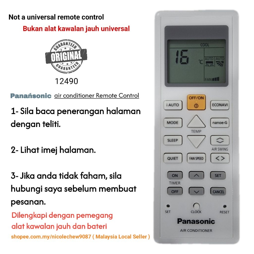 Panasonic air Conditioner Remote Control 12490 ( nanoe-G & Econavi ...